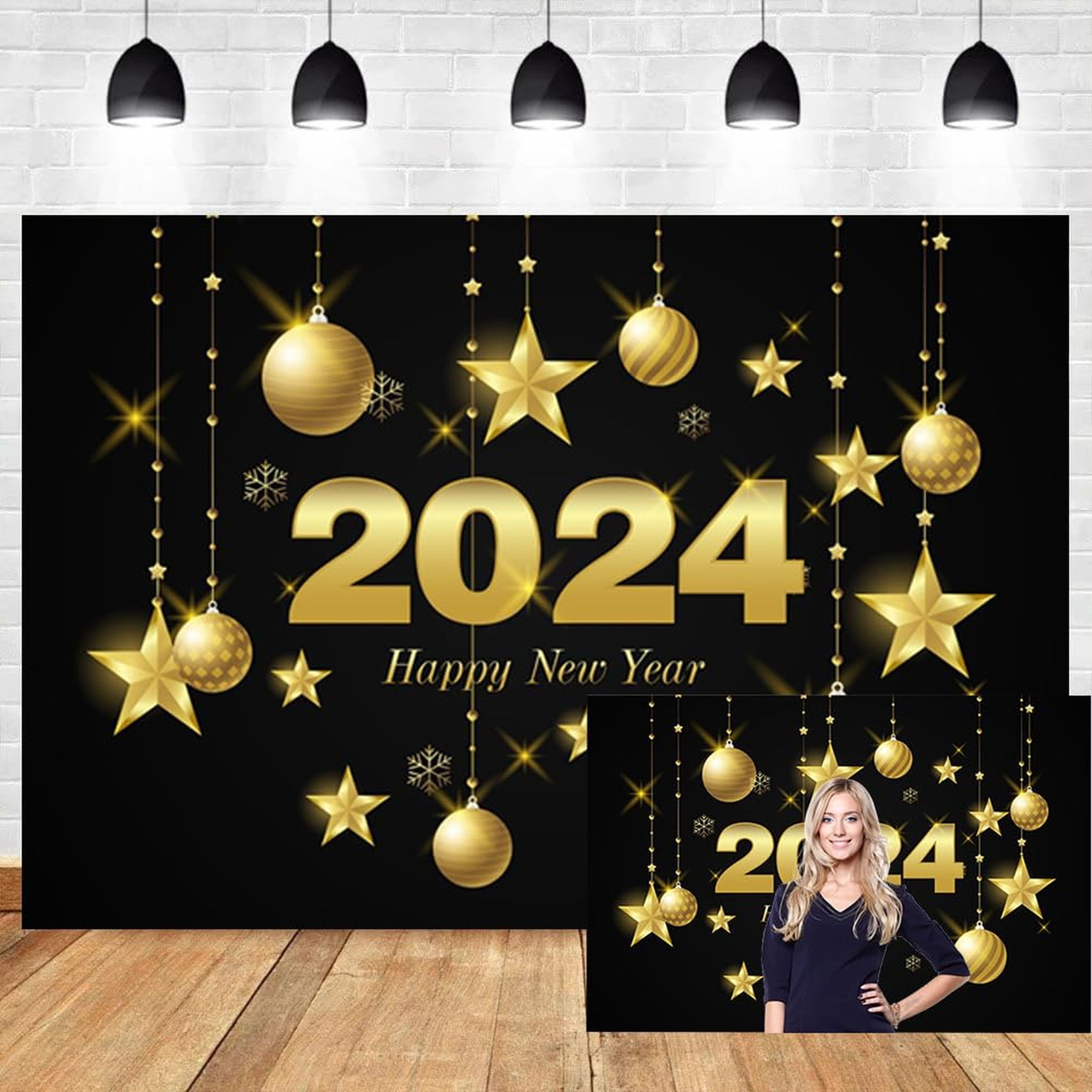 New Year Celebration Backdrop 2024 Black and Gold Snowflake Stars ...