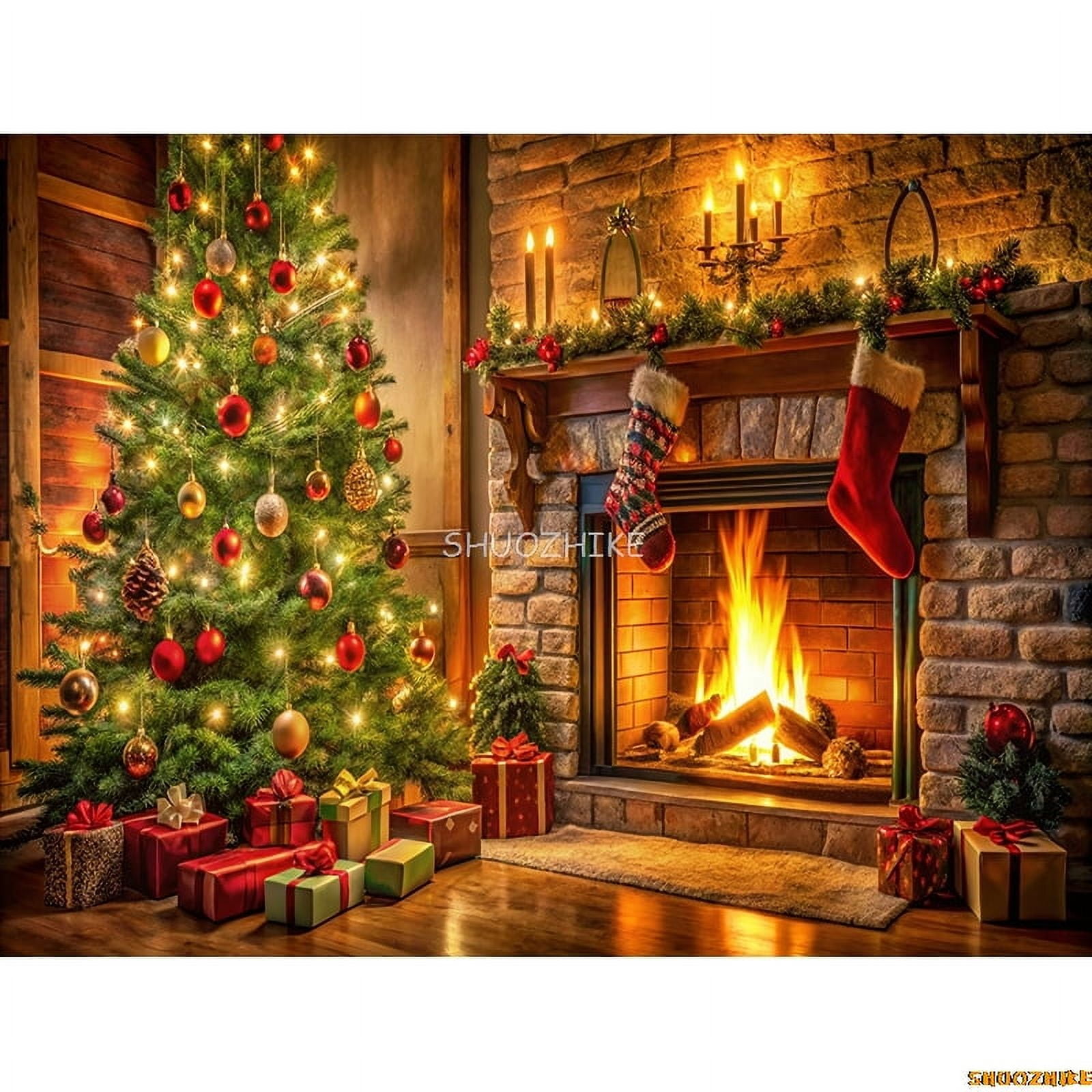 New Year Christmas Day Digital Photography Backdrop Prop Fireplace ...