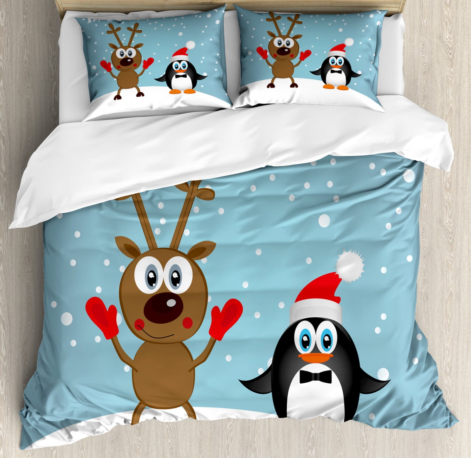 New Year Duvet Cover Set Queen Size, Cartoon Friends of Deer and ...