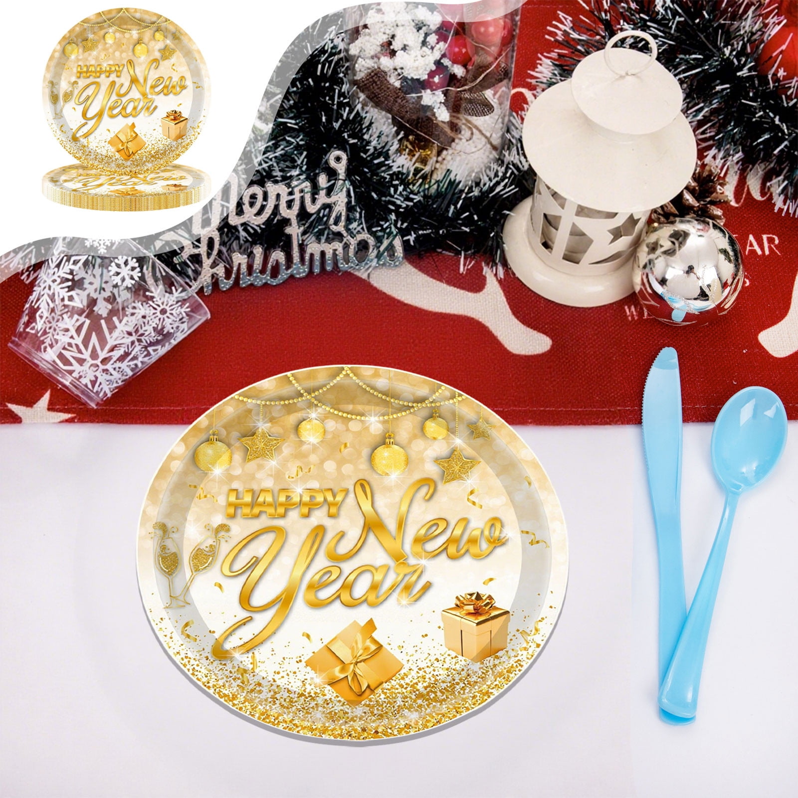 New Year Theme Gold & White Festive Disposable Tableware Set: Paper ...