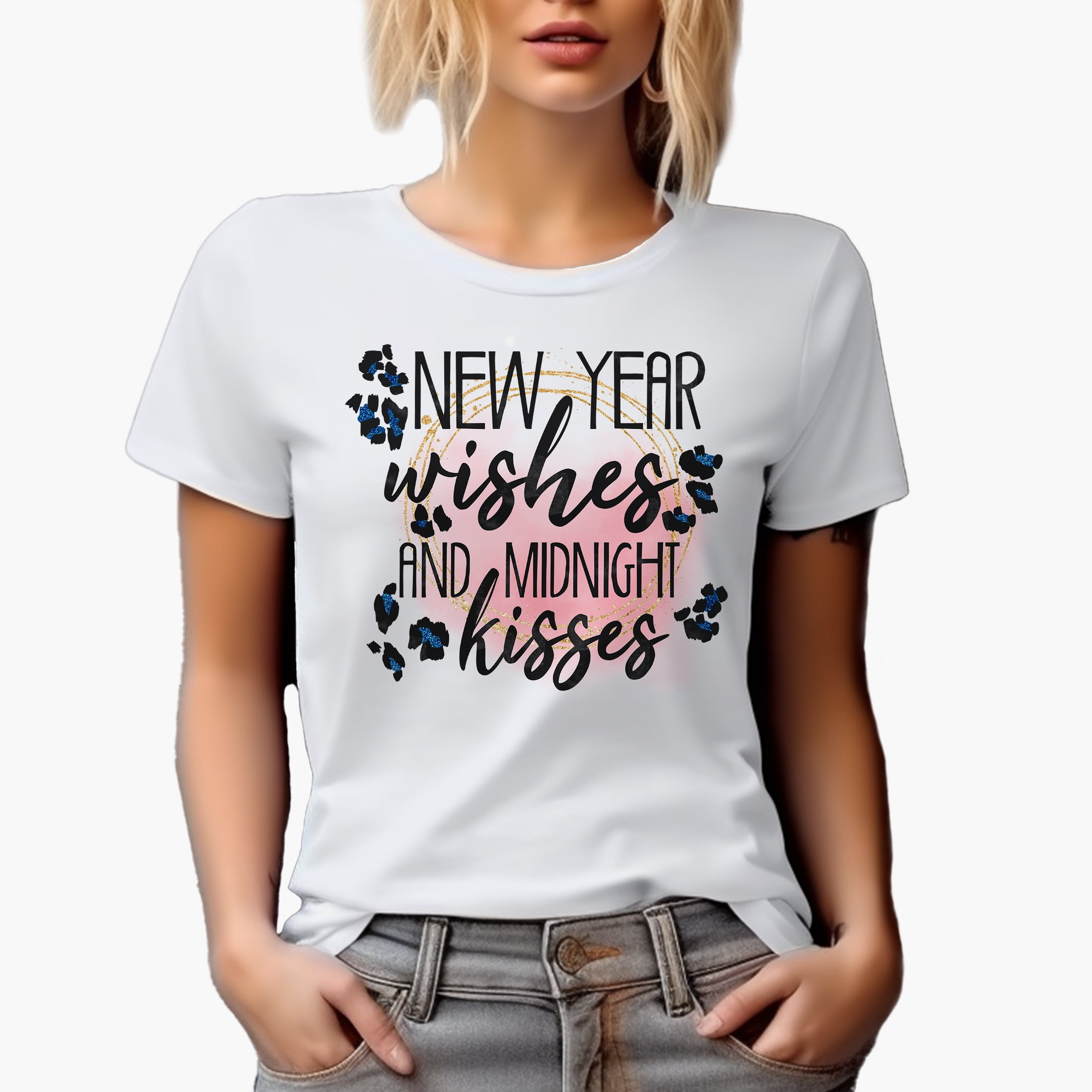 New Year Wishes and Midnight Kisses with Leopard Print & Glitters Art Merch Gift, White T-Shirt ...