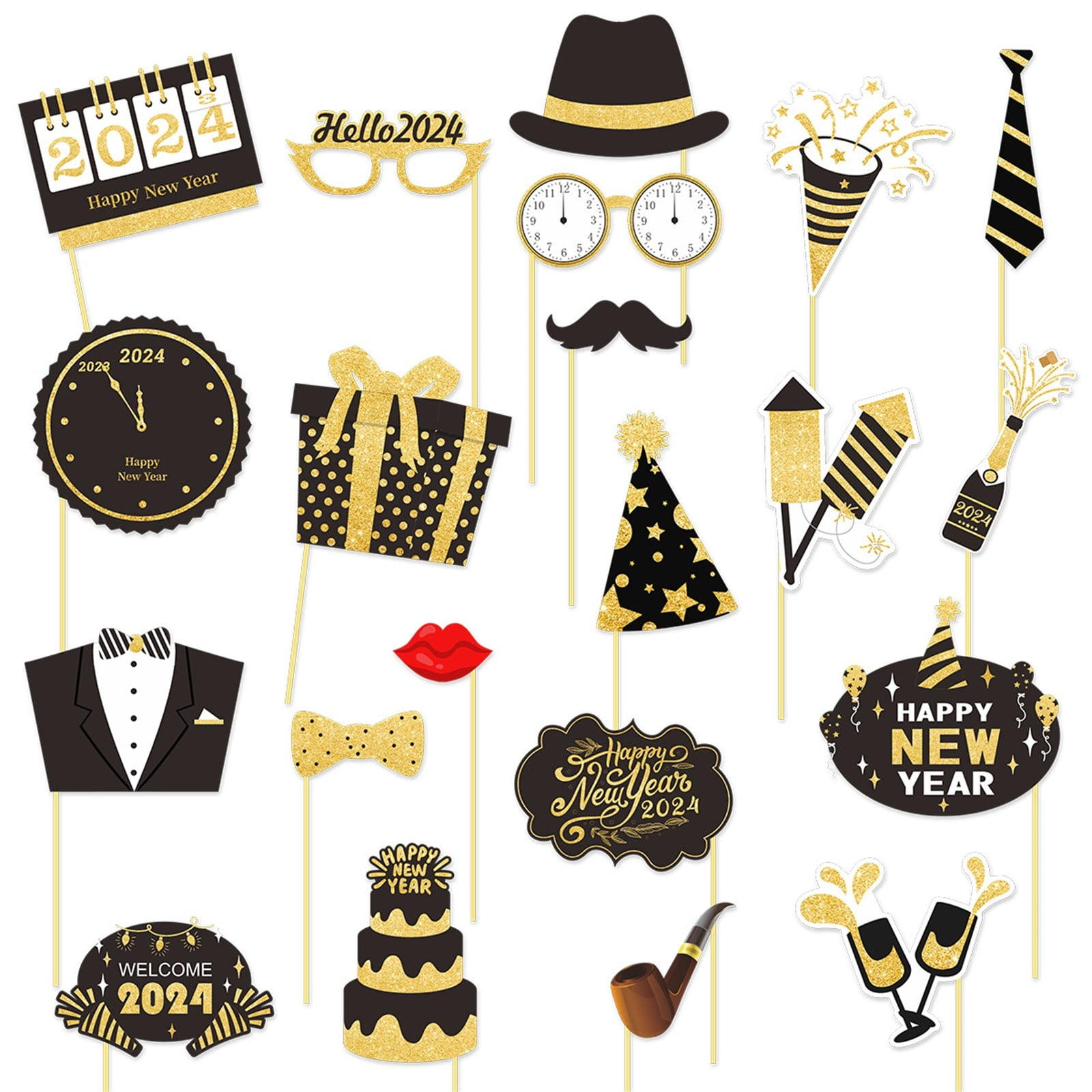 New Year's Eve 2024 Party Photo Booth Props Set 30 Pieces, Gold and ...