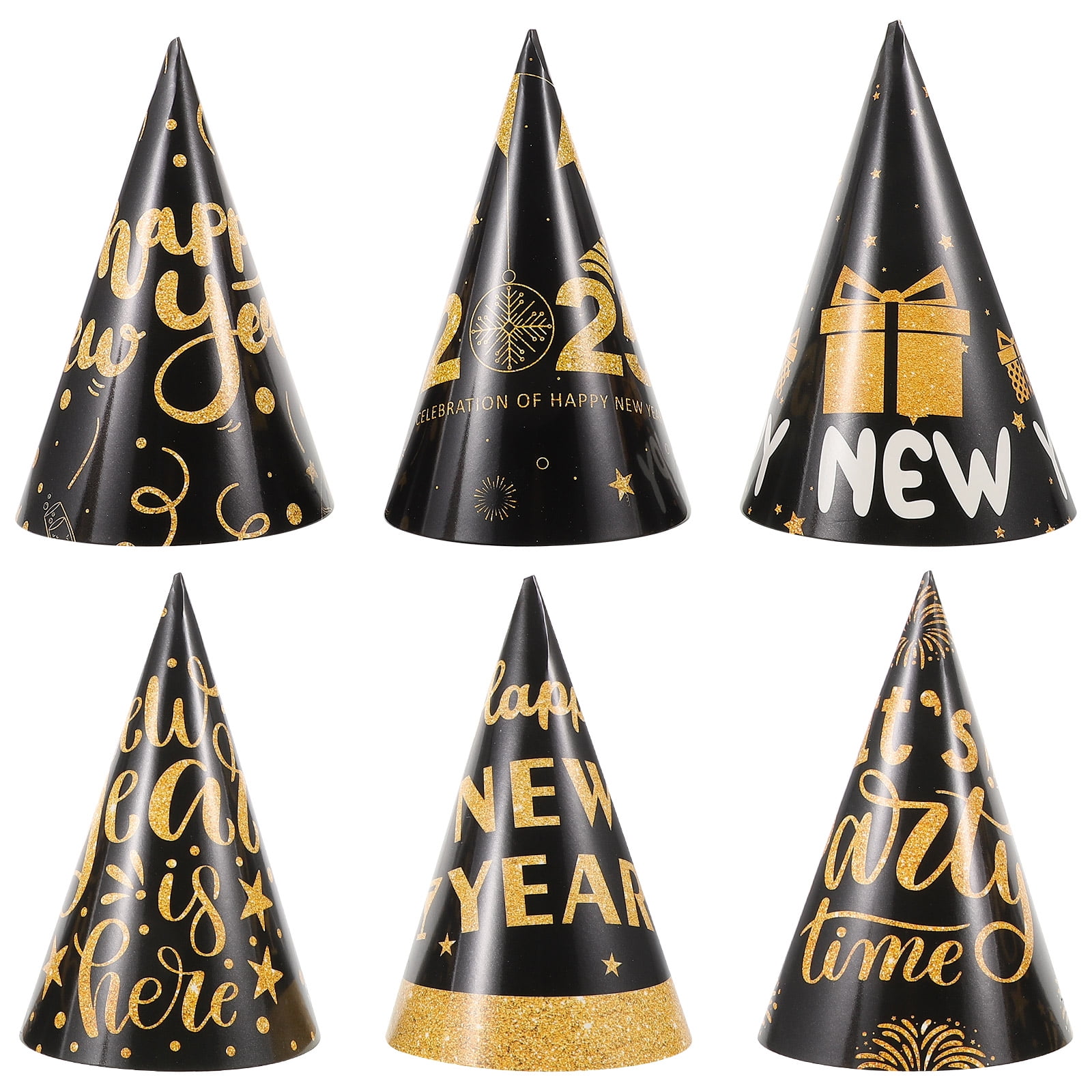 New Years Eve Paper Cone Hat 2025 Black Gold Birthday Party Hats Fancy ...