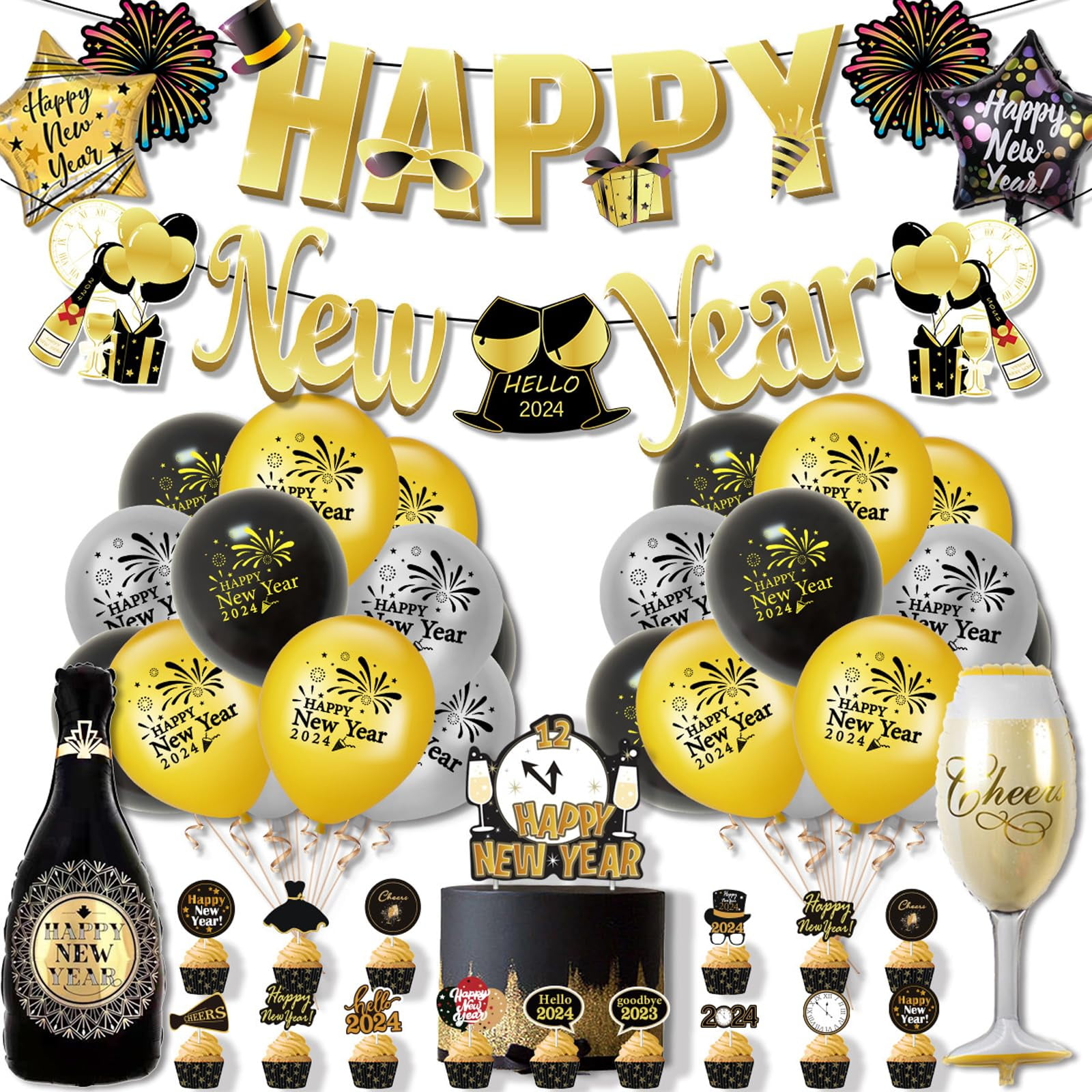 New Years Eve Party Decoration with Happy New Year Banner Black Gold ...