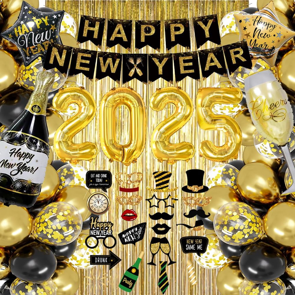 New Years Eve Party Supplies 2025, Black Gold New Year Decorations 2025 ...
