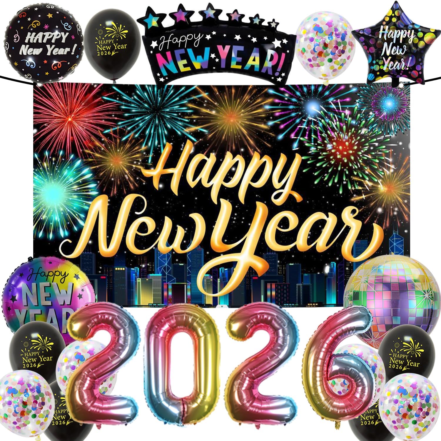 New Years Eve Party Supplies 2026, Rainbow Black Happy New Year ...