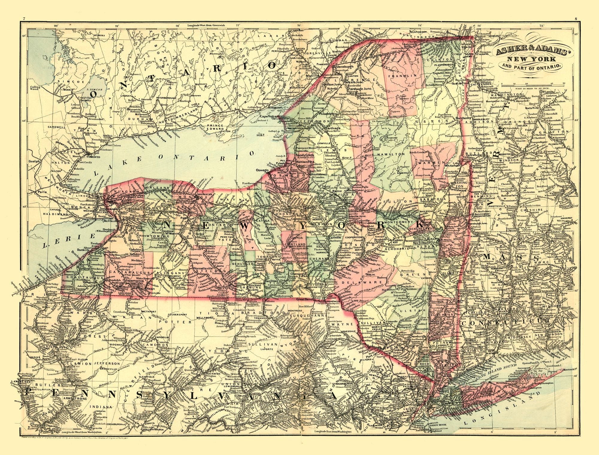 Historic State Map - New York - Asher 1871 - 30.25 x 23 - Vintage Wall ...