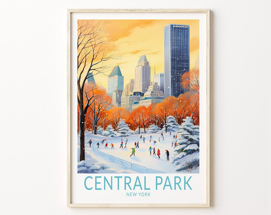 New York Central Park Ice Skating Travel Poster, Central Park Travel Poster Print, In New York ...