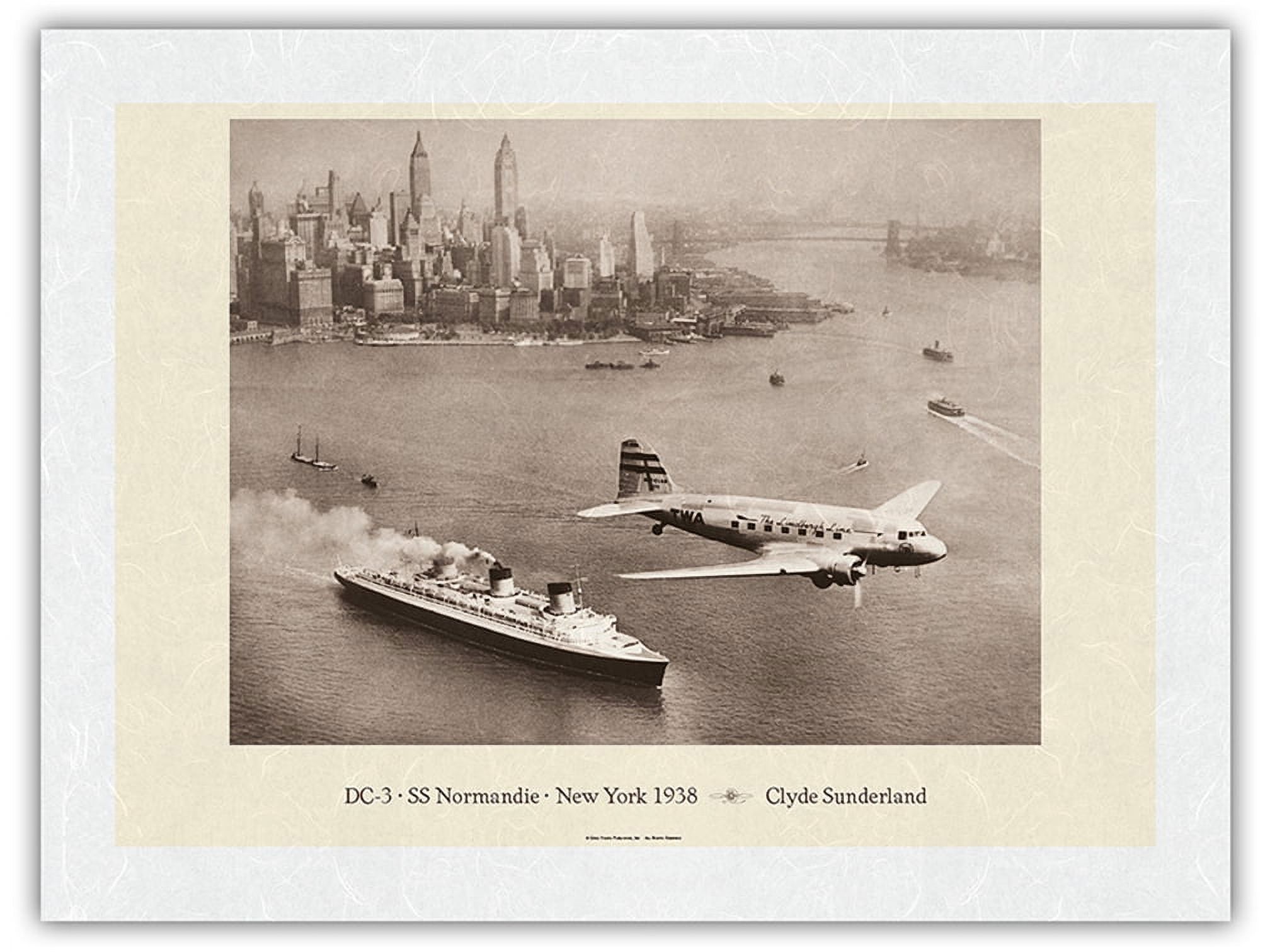 New York City 1938 - The Lindbergh Line (Douglas DC-3) - SS Normandie Ocean Liner - Vintage ...