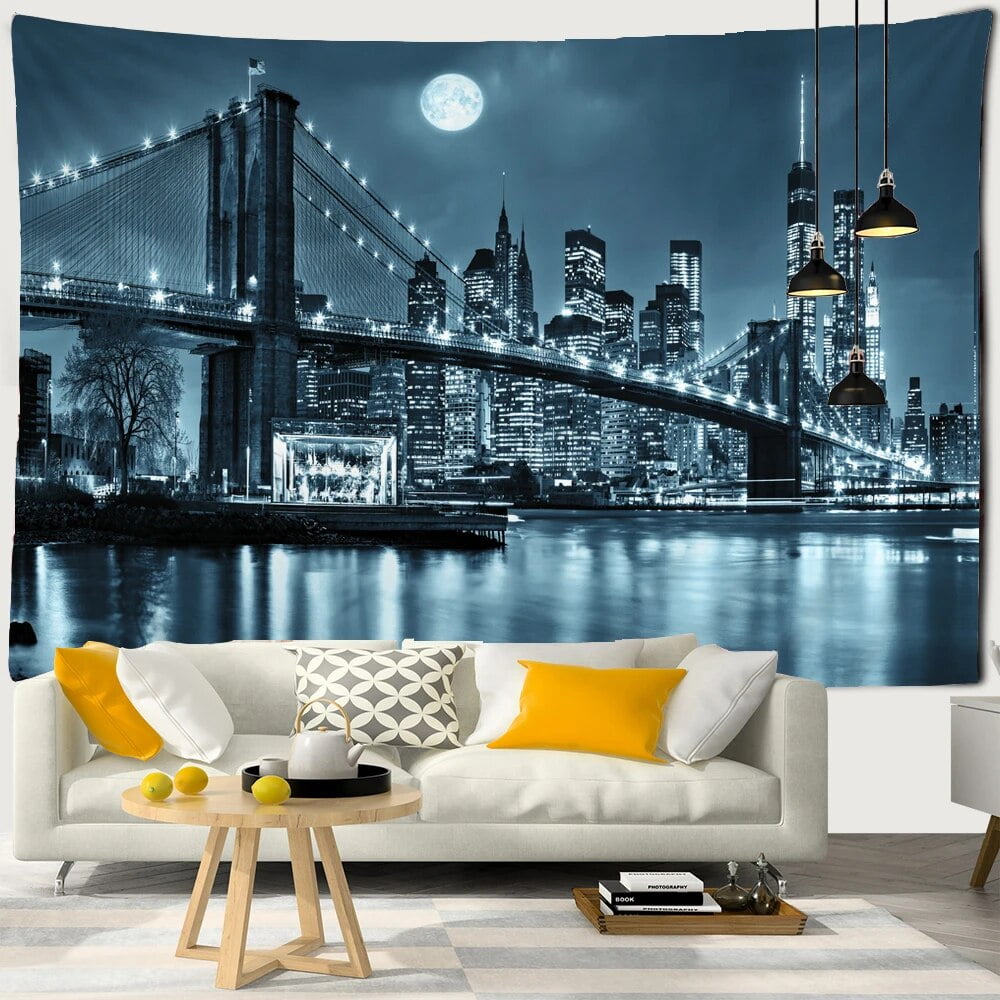 New York City Night Background Cloth Home Art Tapestry Bohemian bridge ...