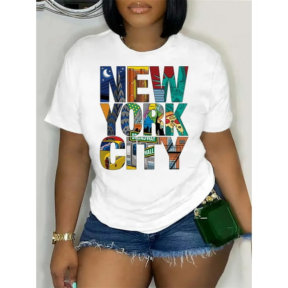 New York City Print 100% Cotton T-Shirt, Casual Short Sleeve Crew Neck Comfortable T-Shirt For ...