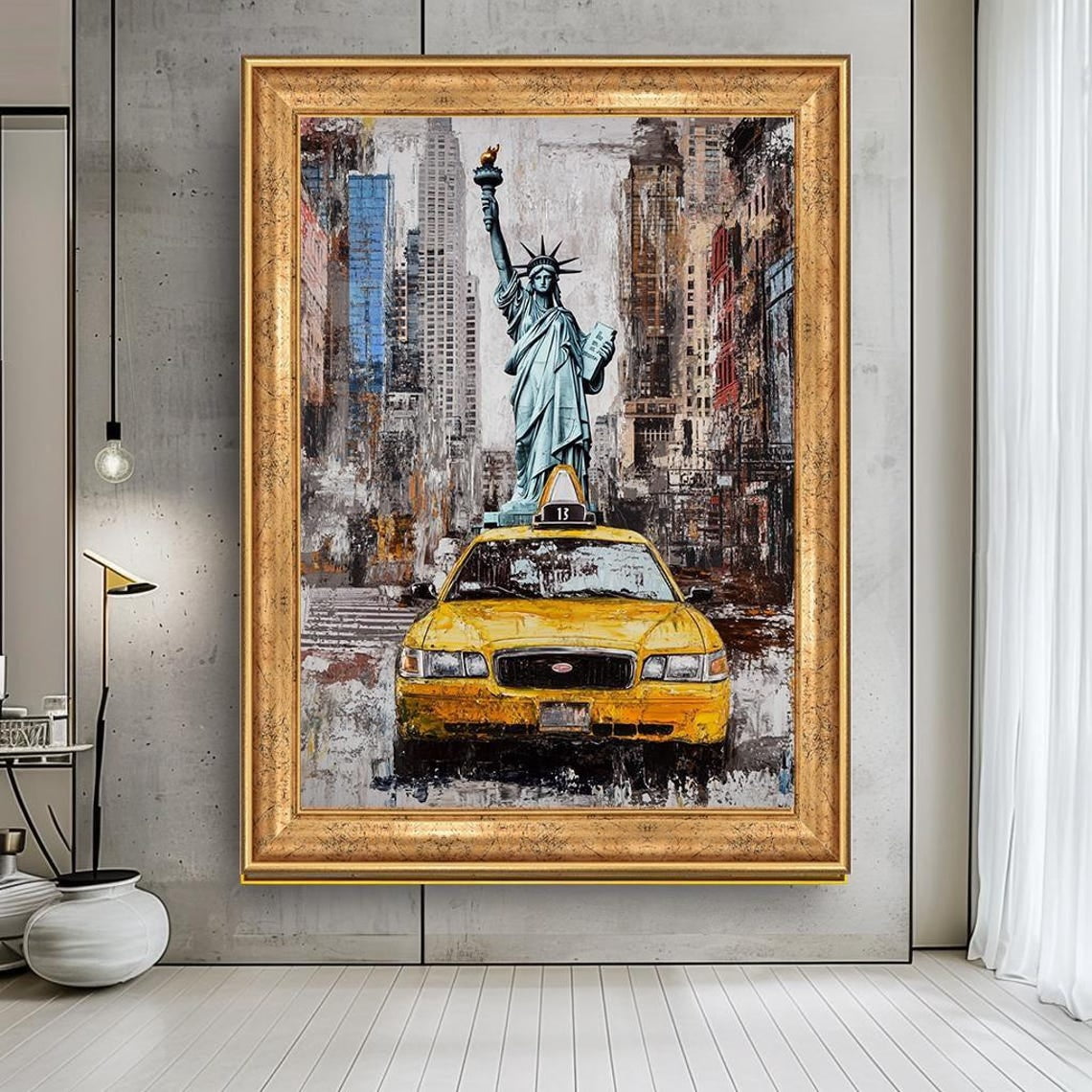 New York City Taxi And Statue Of Liberty Wall Art, Urban Nyc Canvas ...