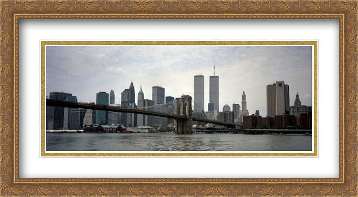 New York City Twin Towers Skyline 2x Matted 40x22 Large Gold Ornate ...