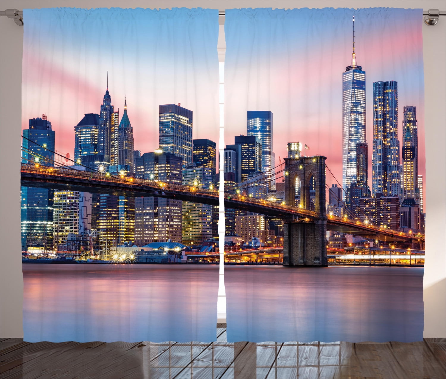 Ambesonne City Curtains 2 Panel Set, Sunrise in Brooklyn Bridge, 108" x ...