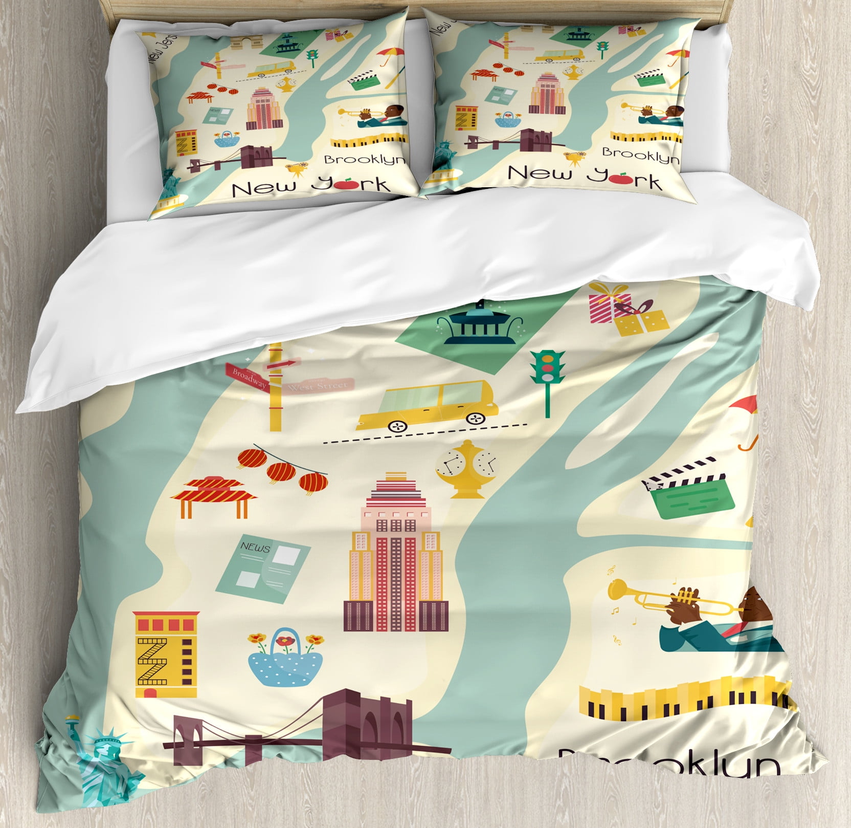 New York Duvet Cover Set, Calligraphy and City Map with Street Elements ...