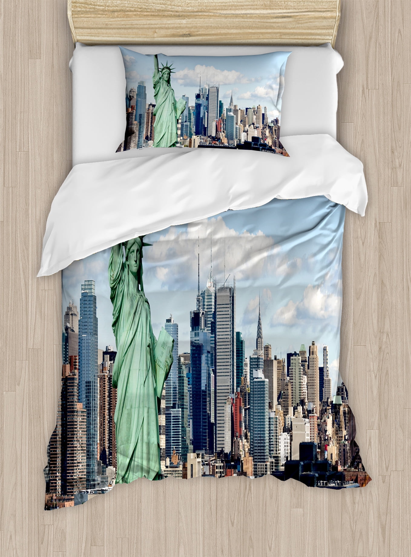 New York Duvet Cover Set, Liberty in NYC Harbor Urban City Print Famous ...