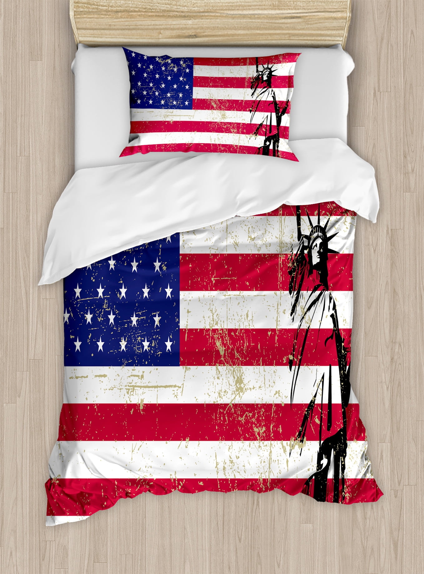 New York Duvet Cover Set, Liberty and USA Flag Retro Style Enlightening ...