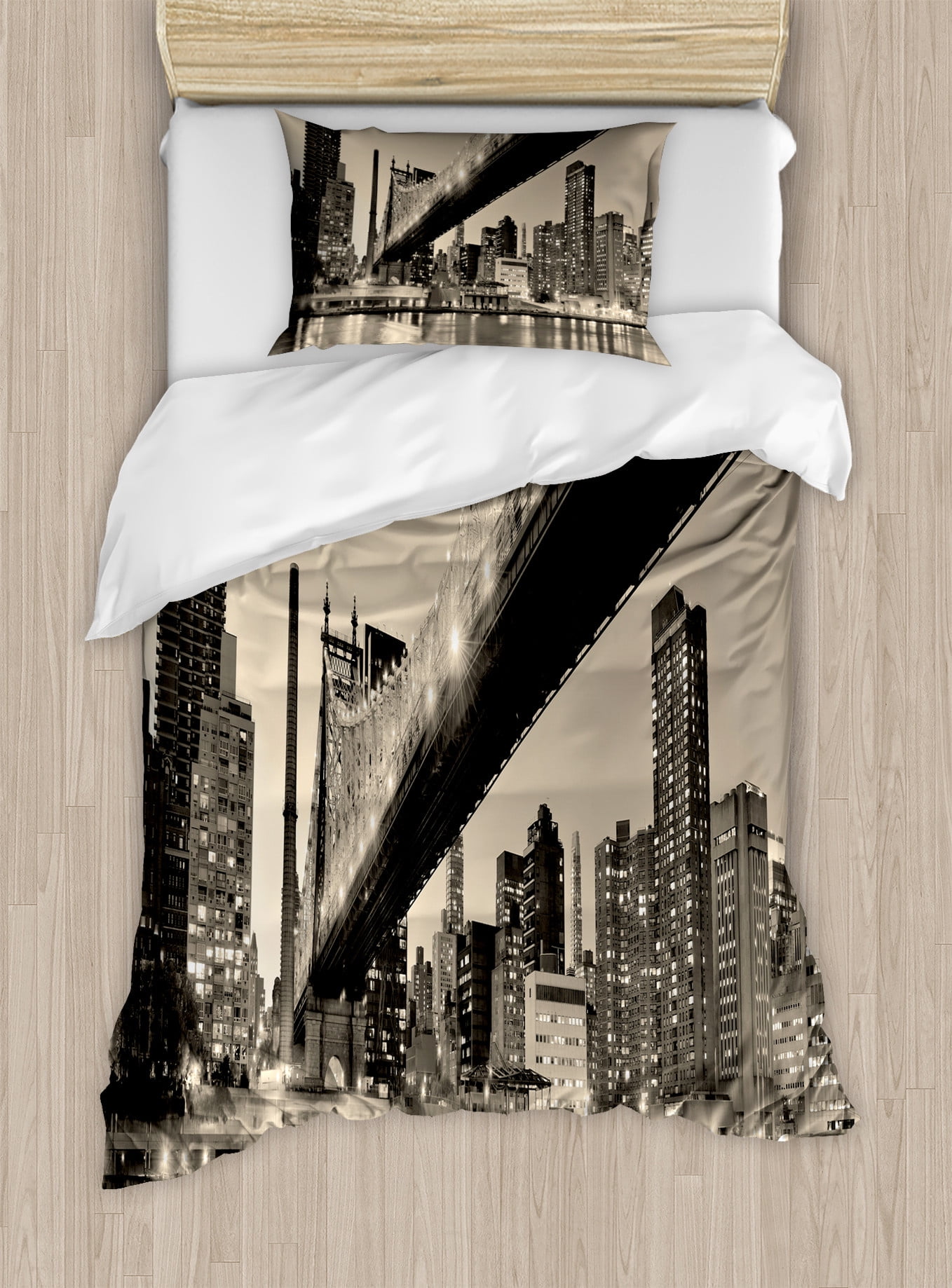 New York Duvet Cover Set, Queensboro Bridge NYC Night Sepia Artprints Urban City View Modern ...