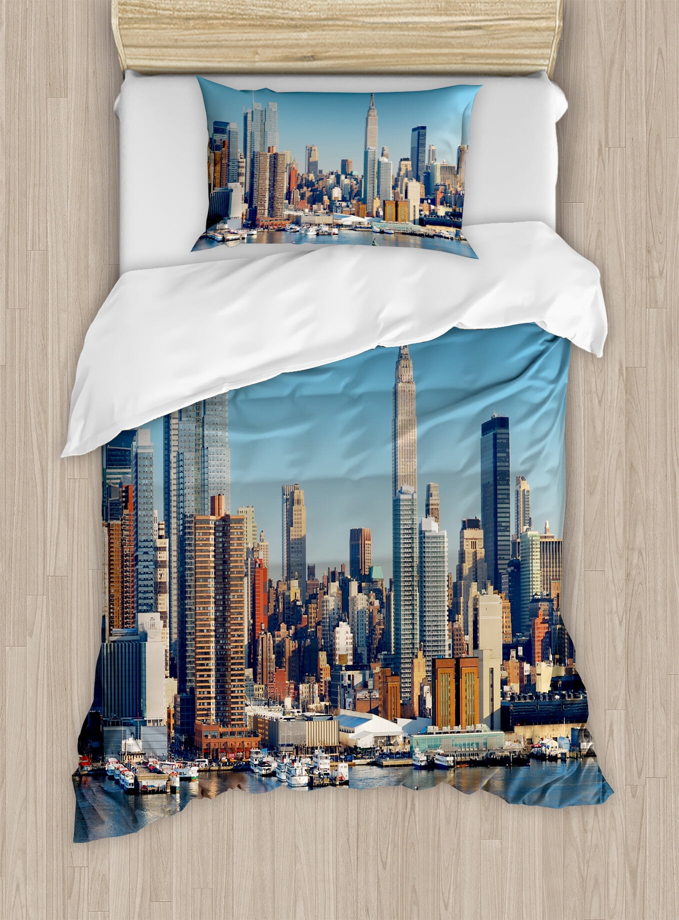 New York Duvet Cover Set, Urban City Skyline Manhattan with Empire ...