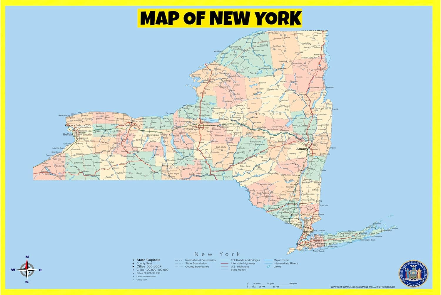 New York Map Poster - Laminated Wall Map - Style A - 24x36 - Ideal for ...