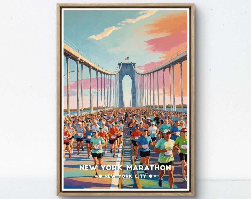 New York Marathon Poster – New York City, Verrazzano Bridge, Runners ...