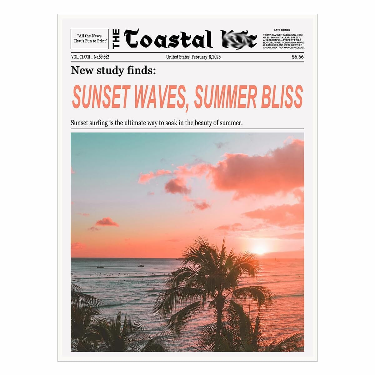 New York Newspaper Print Wall Art Sunset Waves Summer Bliss Canvas Posters Black and White ...