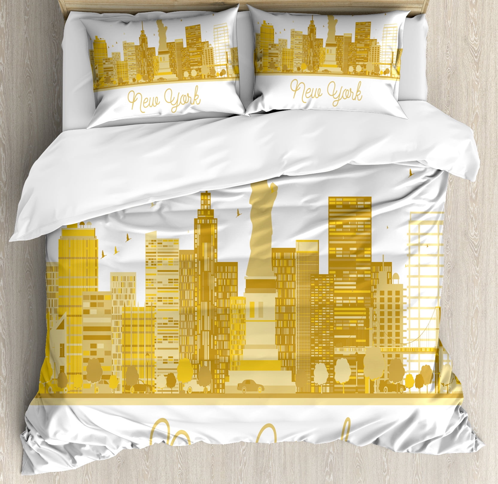 New York Taxi Duvet Cover Set, NY City Skyline Silhouette and Statue of ...