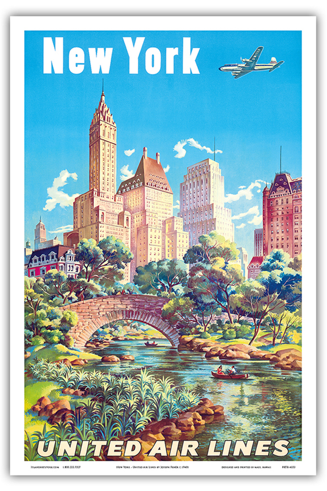 New York USA - Gapstow Bridge at Central Park South Pond Manhattan - United Air Lines - Vintage ...