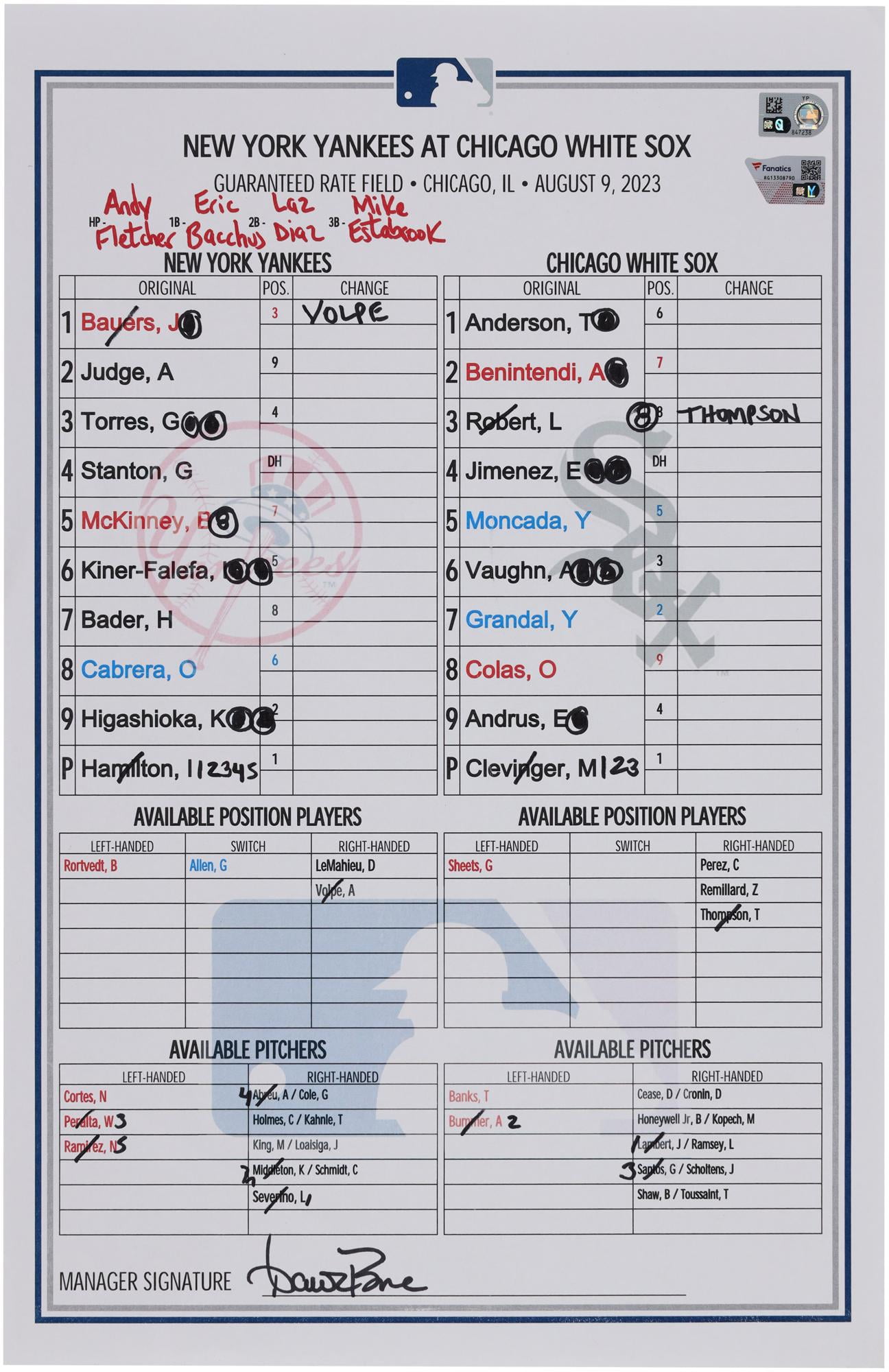 New York Yankees Game-Used Lineup Card vs. Chicago White Sox on August ...