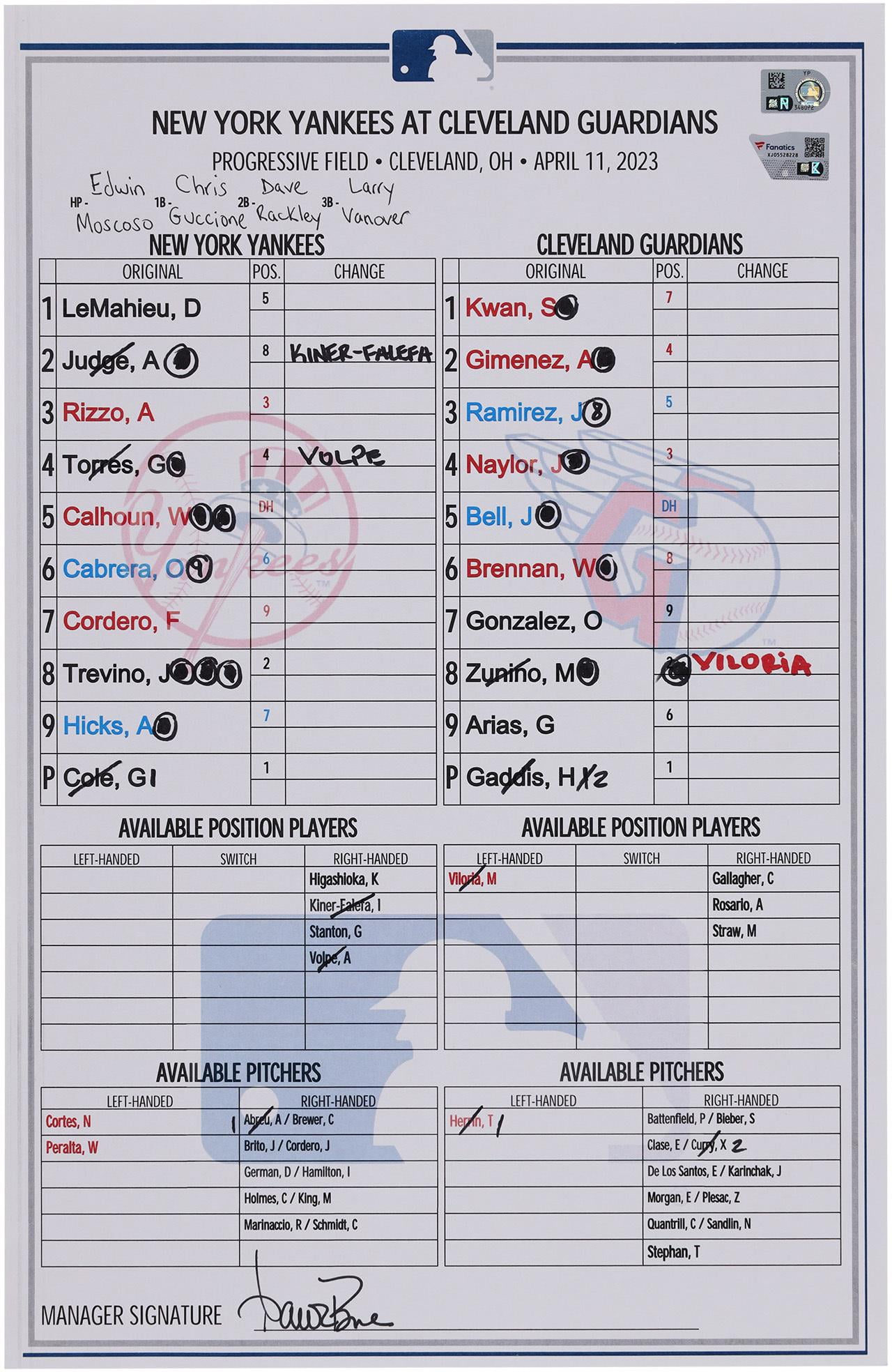 New York Yankees Game-Used Lineup Card vs. Cleveland Guardians on April ...