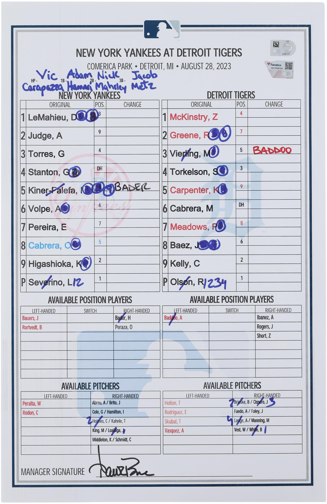New York Yankees Game-Used Lineup Card vs. Detroit Tigers on August 28 ...
