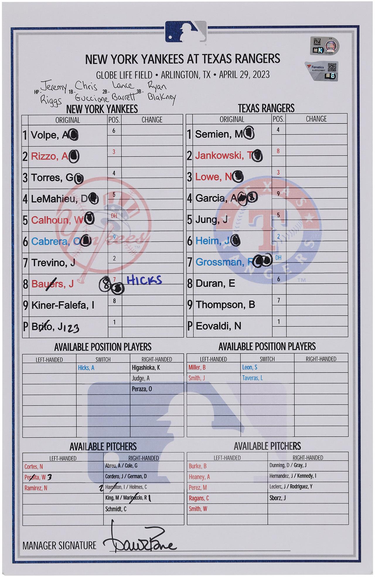 New York Yankees Game-Used Lineup Card vs. Texas Rangers on April 29 ...