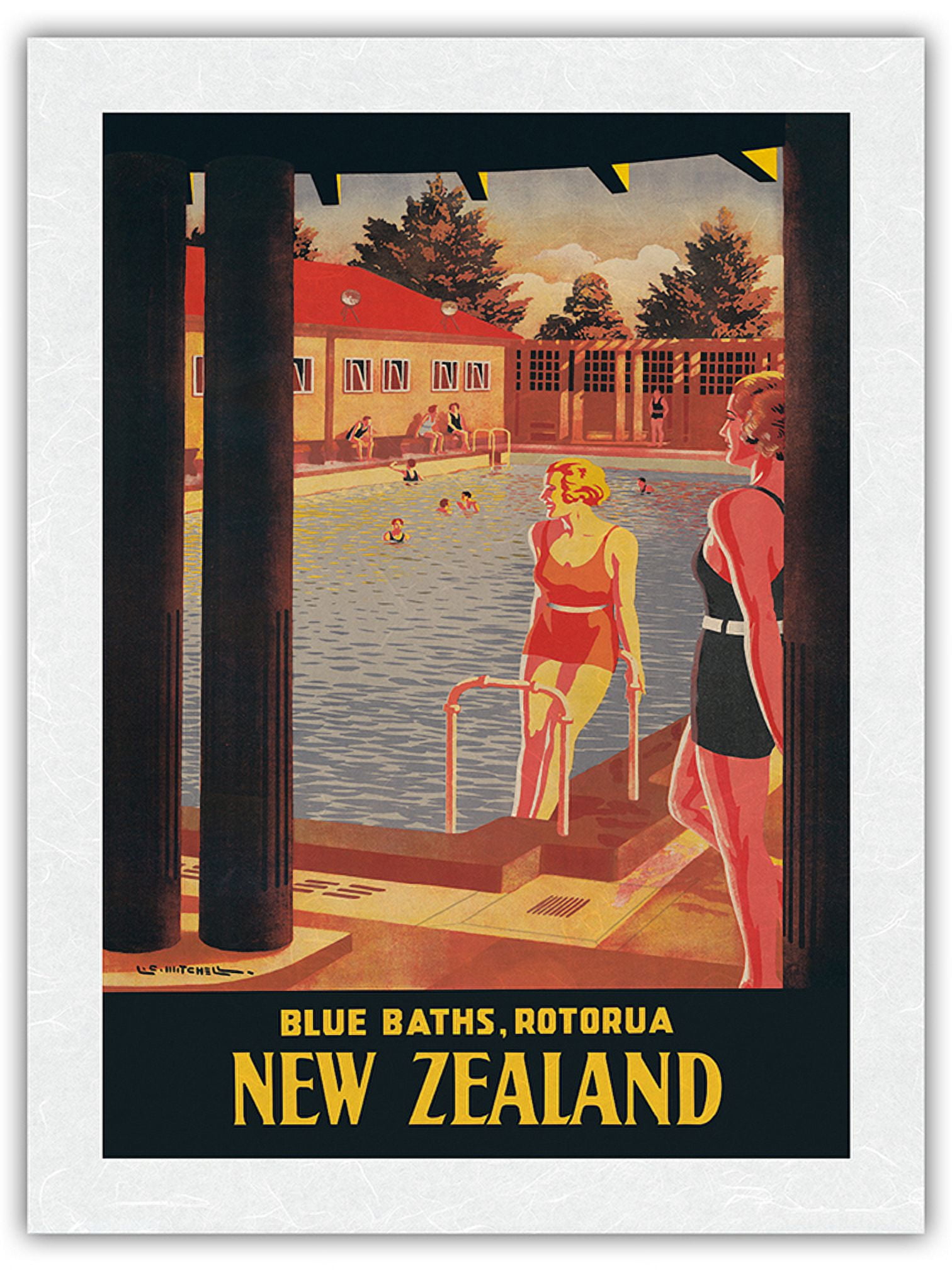 New Zealand - Blue Baths Rotorua - Vintage Travel Poster by Leonard C. Mitchell c.1930s ...