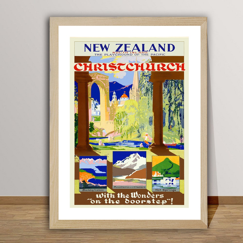 New Zealand Christ Church Vintage Travel Poster - New Zealand Poster ...