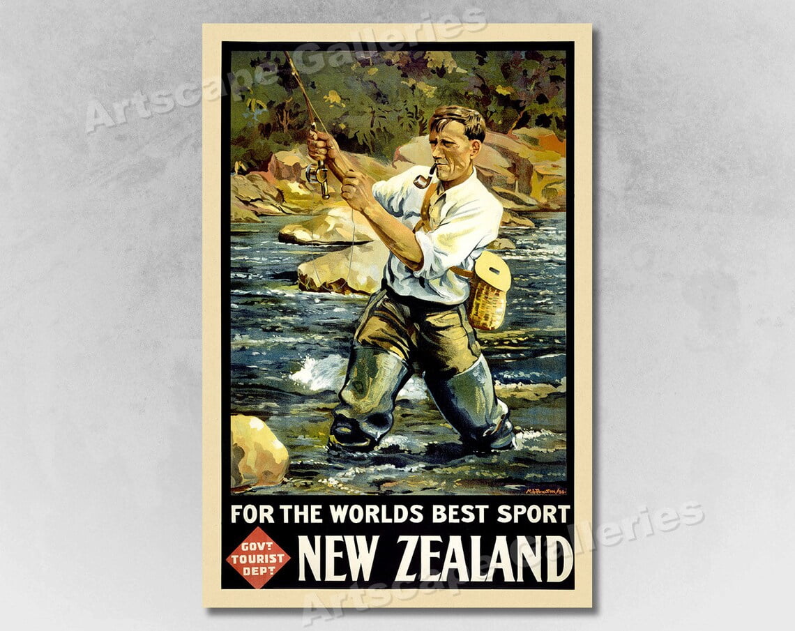 New Zealand Fly Fishing 1930s Vintage Style Travel Graphic Illustration ...