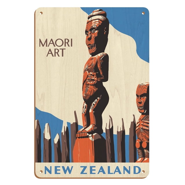 New Zealand - Maori Art - Carved Wooden Statues - Vintage Travel Poster ...