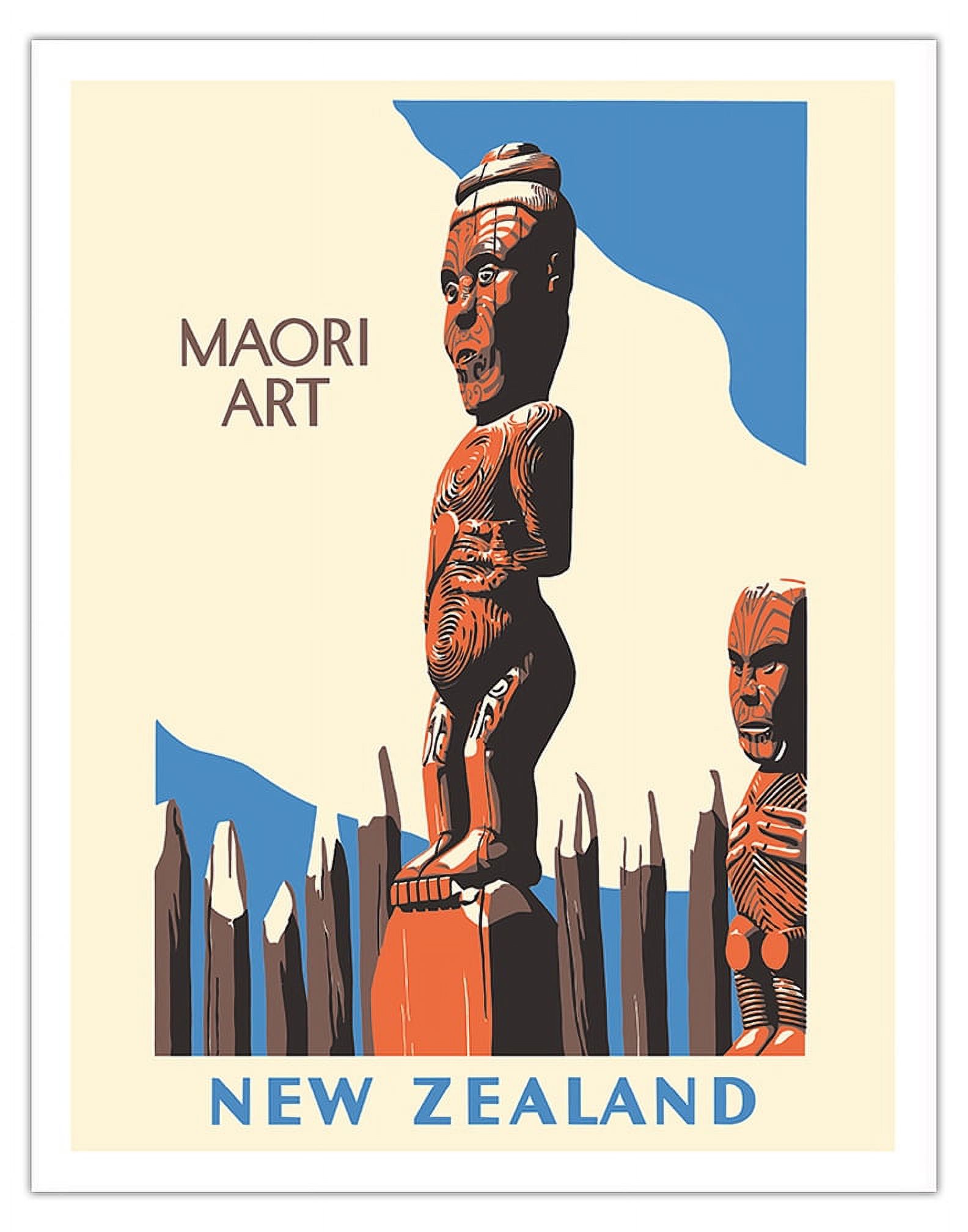 New Zealand - Maori Art - Carved Wooden Statues - Vintage Travel Poster ...