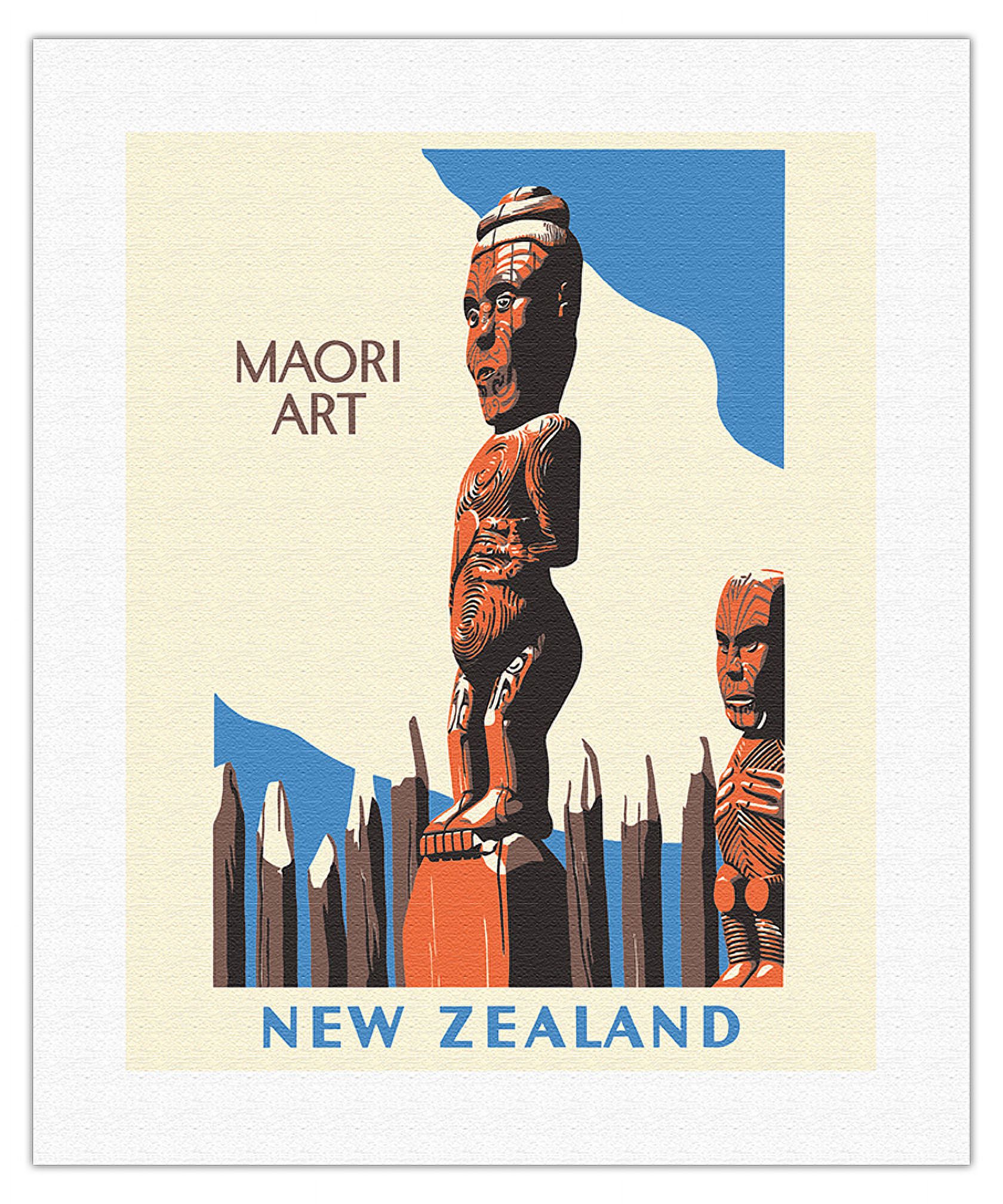 New Zealand - Maori Art - Carved Wooden Statues - Vintage Travel Poster ...