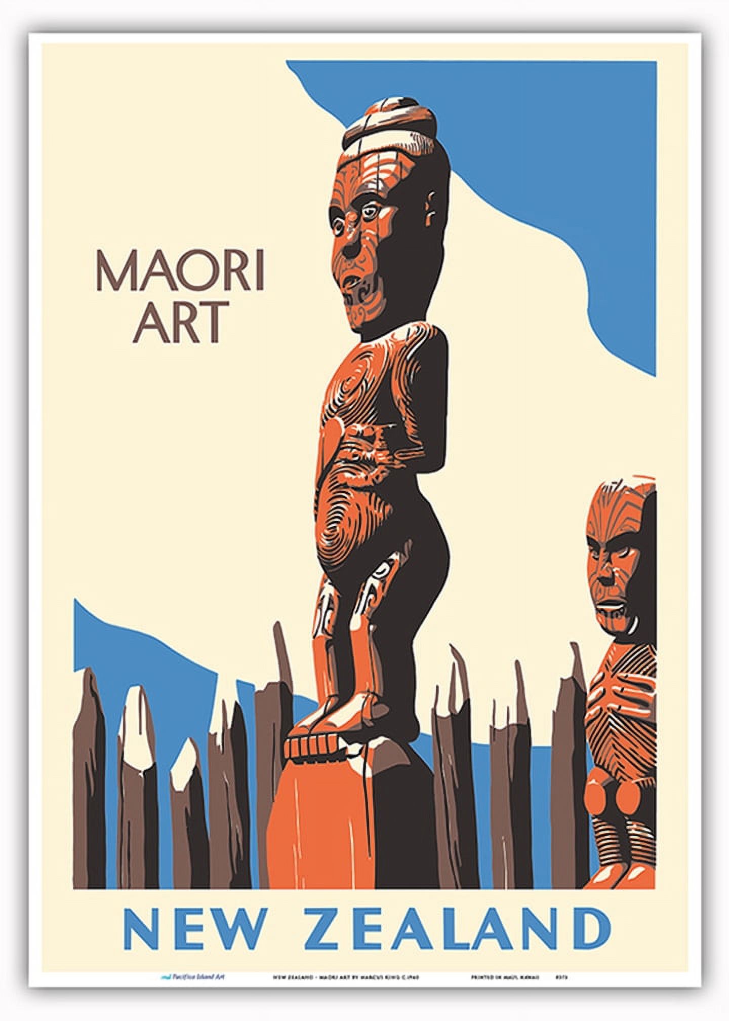 New Zealand - Maori Art - Carved Wooden Statues - Vintage Travel Poster ...