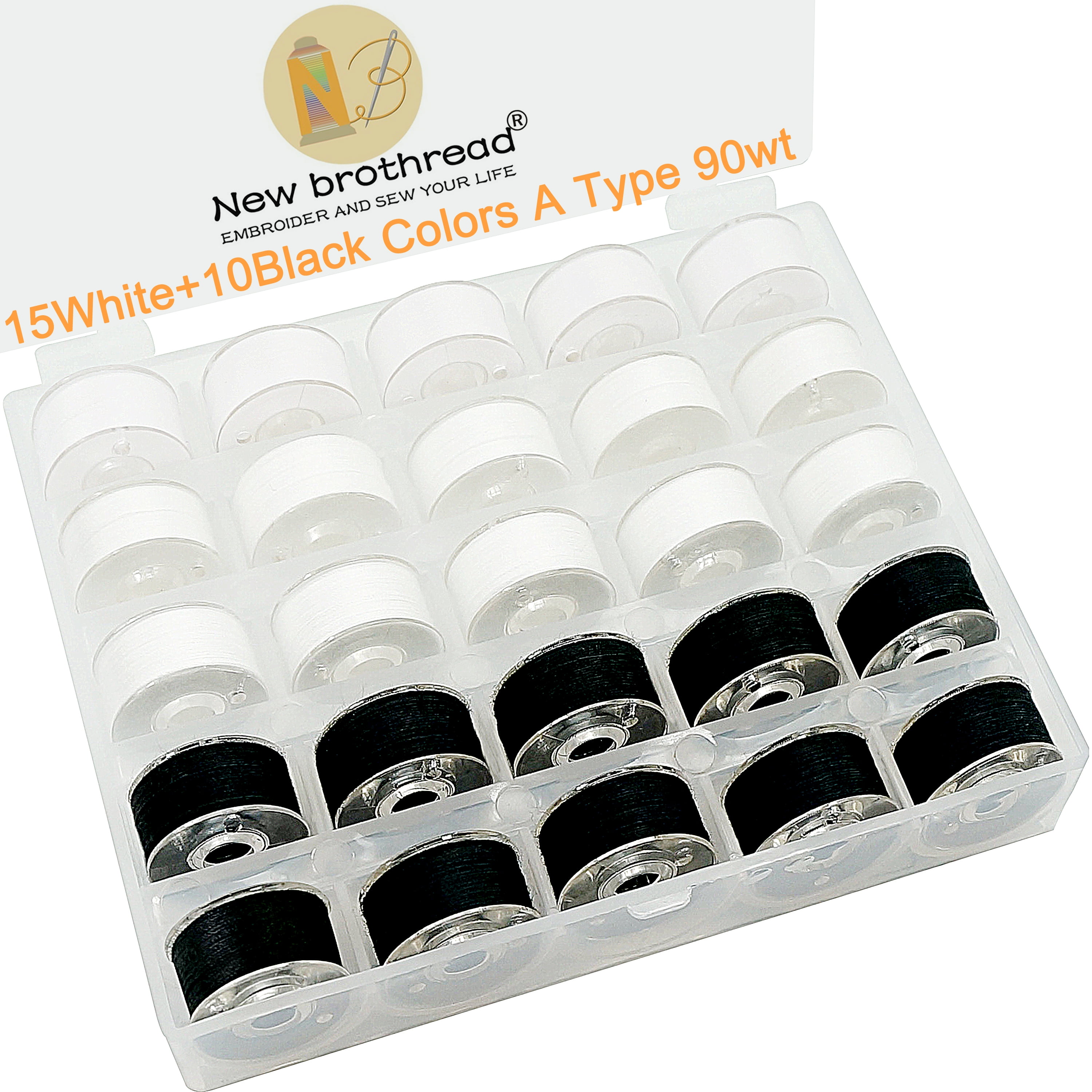 New brothread 25pcs 15White+10Black 90WT Prewound Bobbin Thread Size A ...