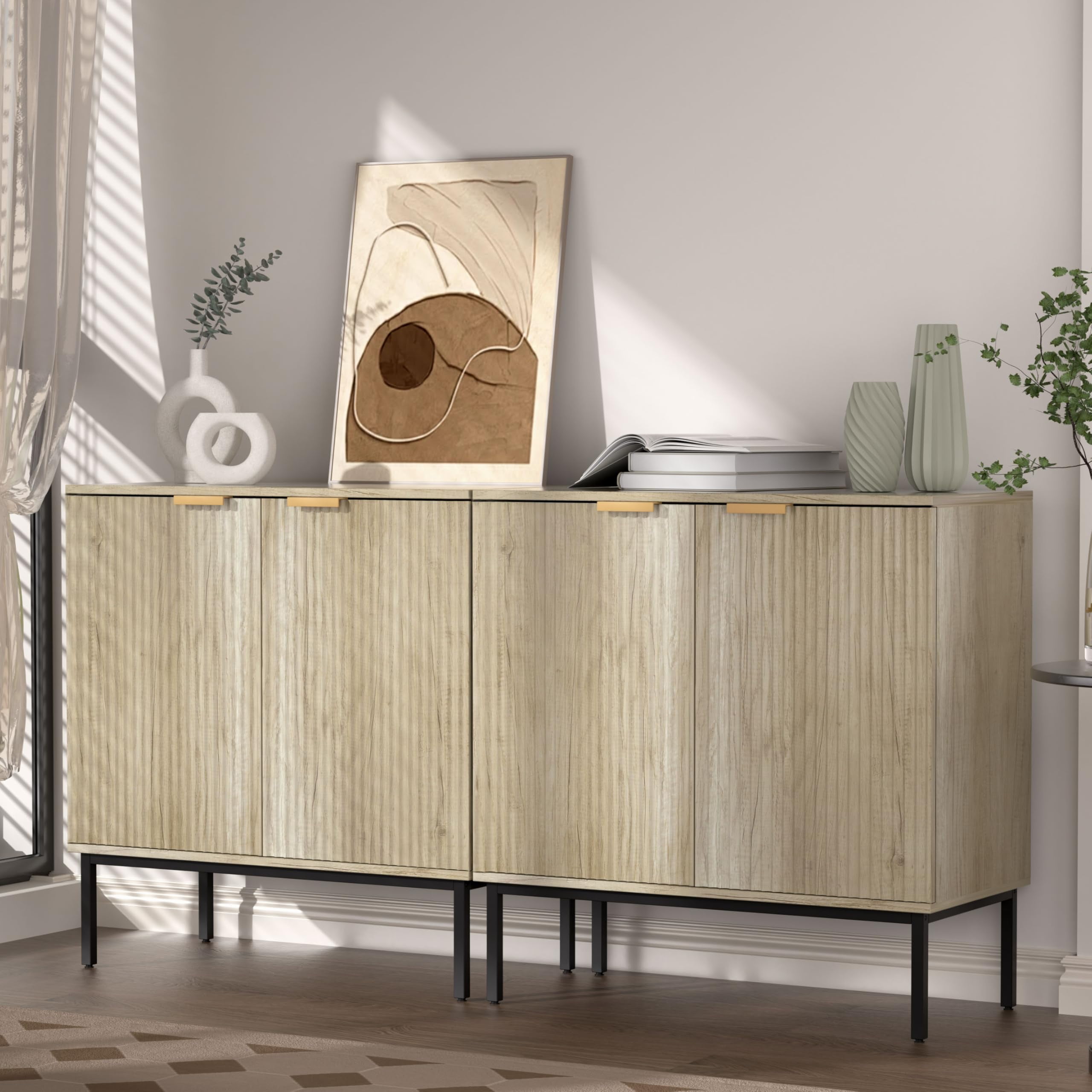 NewBeth Fluted Sideboard Cabinet, Buffet Cabinet with Storage, Wooden ...