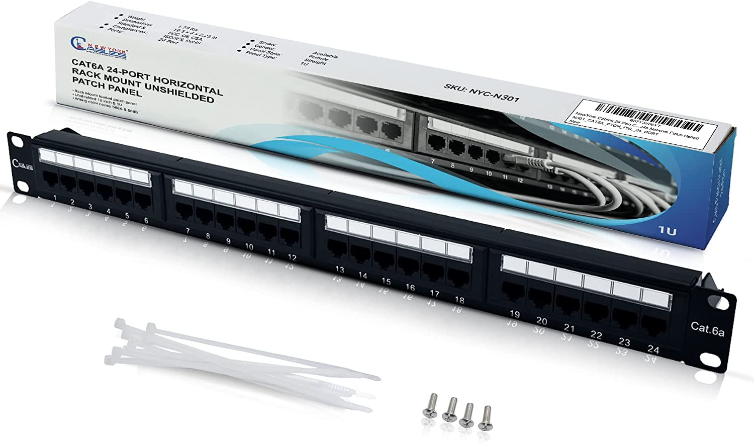 NewYork Cables 24 Port Cat6a Patch Panel 1U Rackmount 19 Inch ...