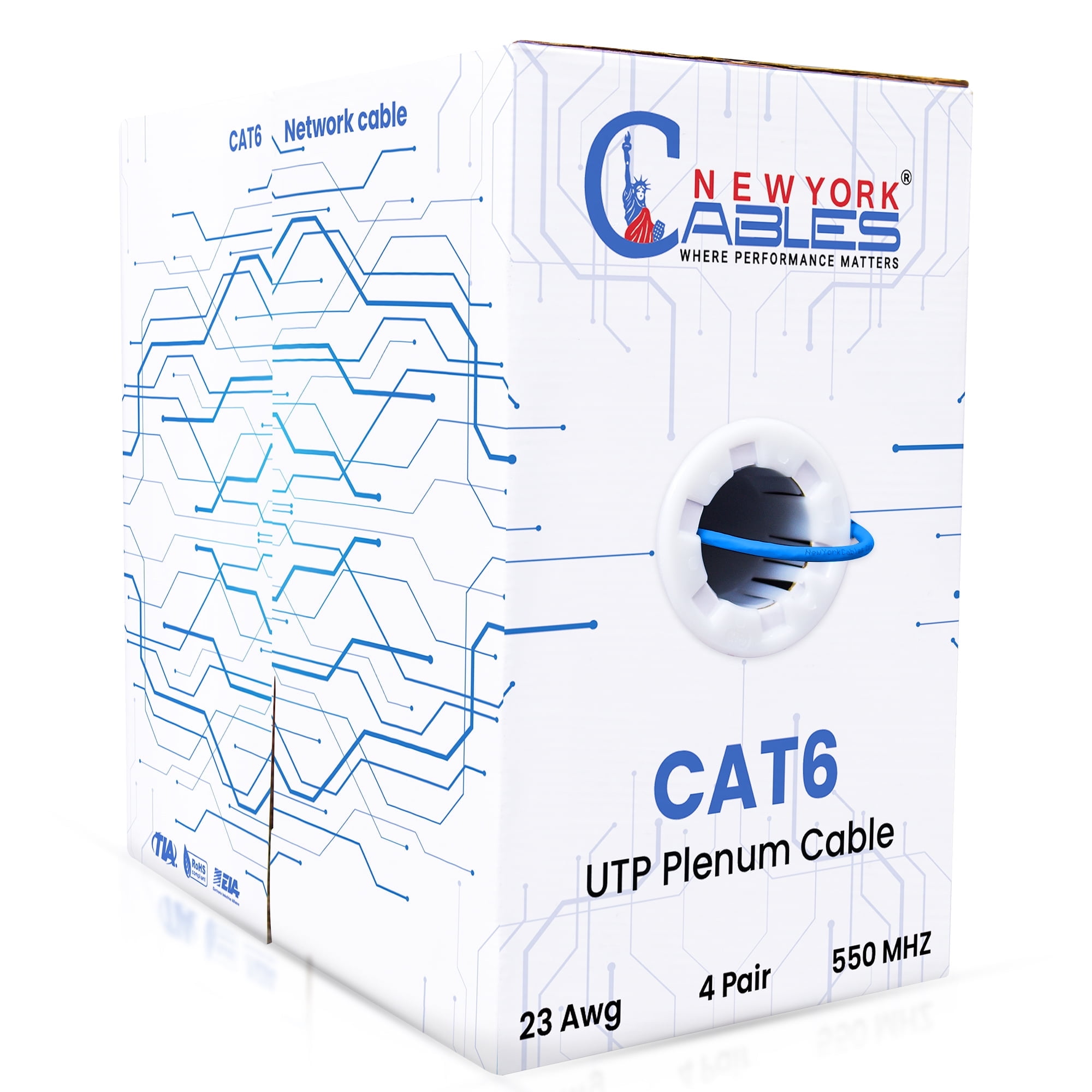 NewYork Cables Cat 6 1000ft Plenum Cable, 23AWG UTP CMP, Ethernet Internet Wire, Blue - Walmart ...