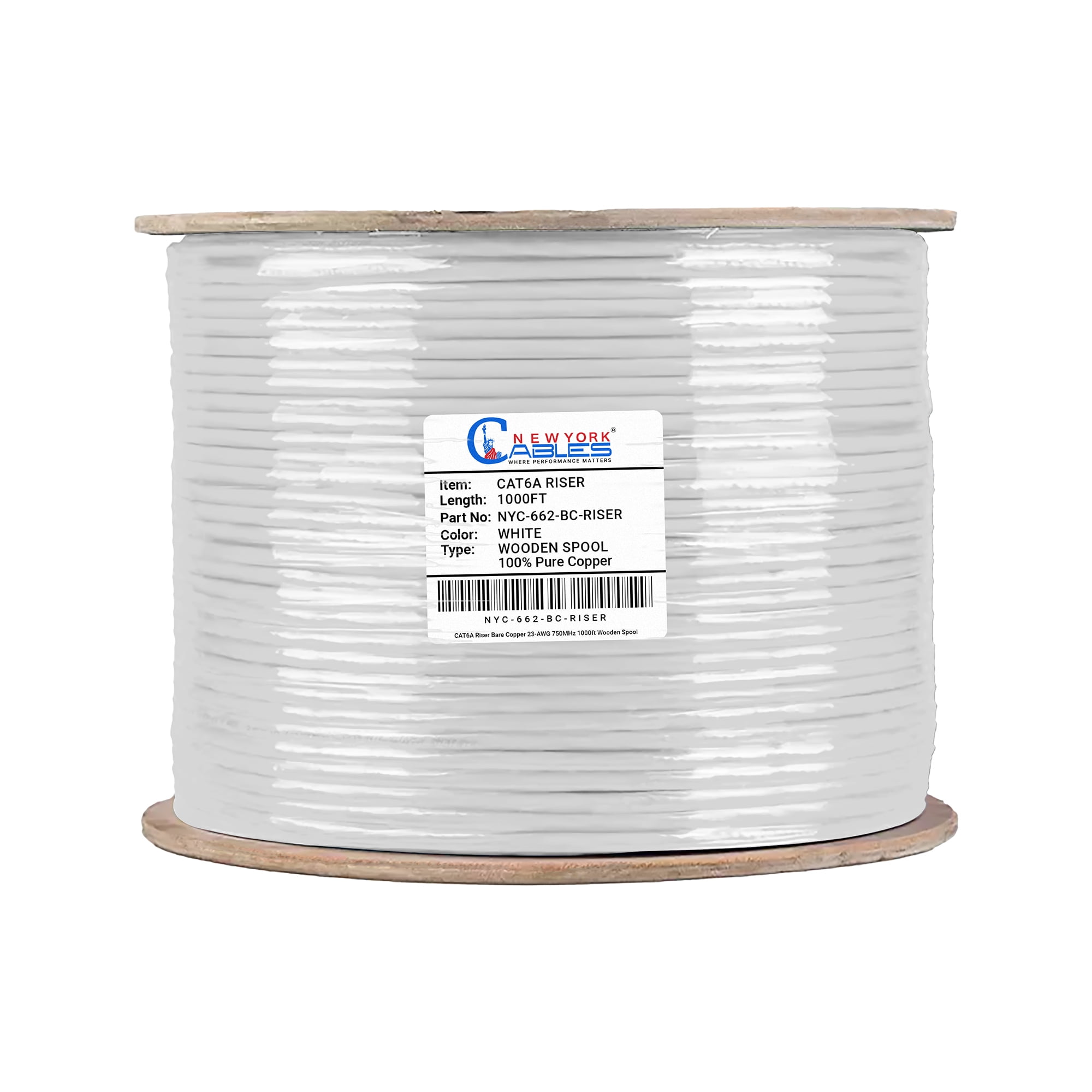 NewYork Cables Cat6a Riser Ethernet Cable, 1000ft, 100% Solid Bare Copper, 750Mhz, 23AWG, Long ...