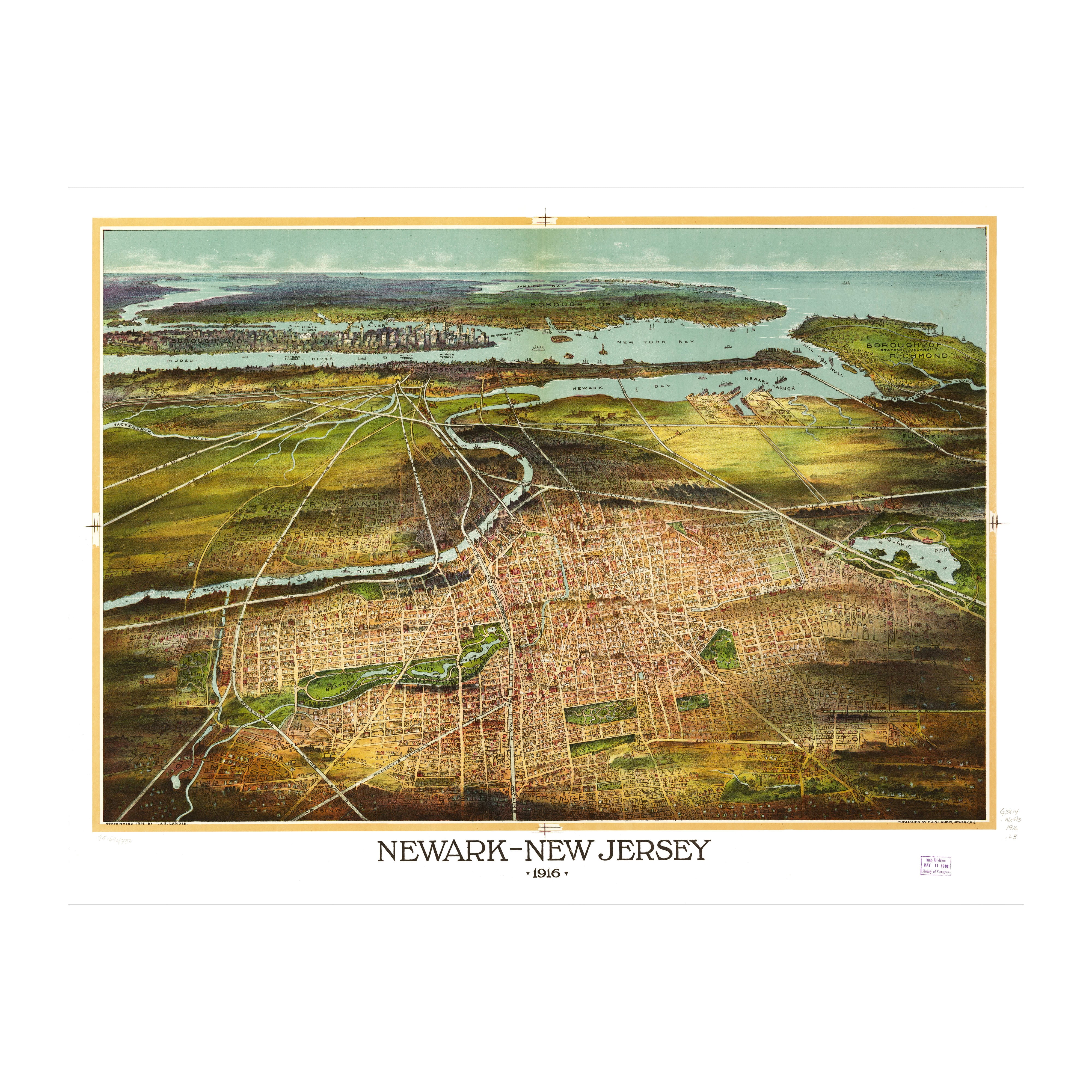 Newark Art, 1916 Vintage Map of Newark New Jersey, NJ History Wall ...