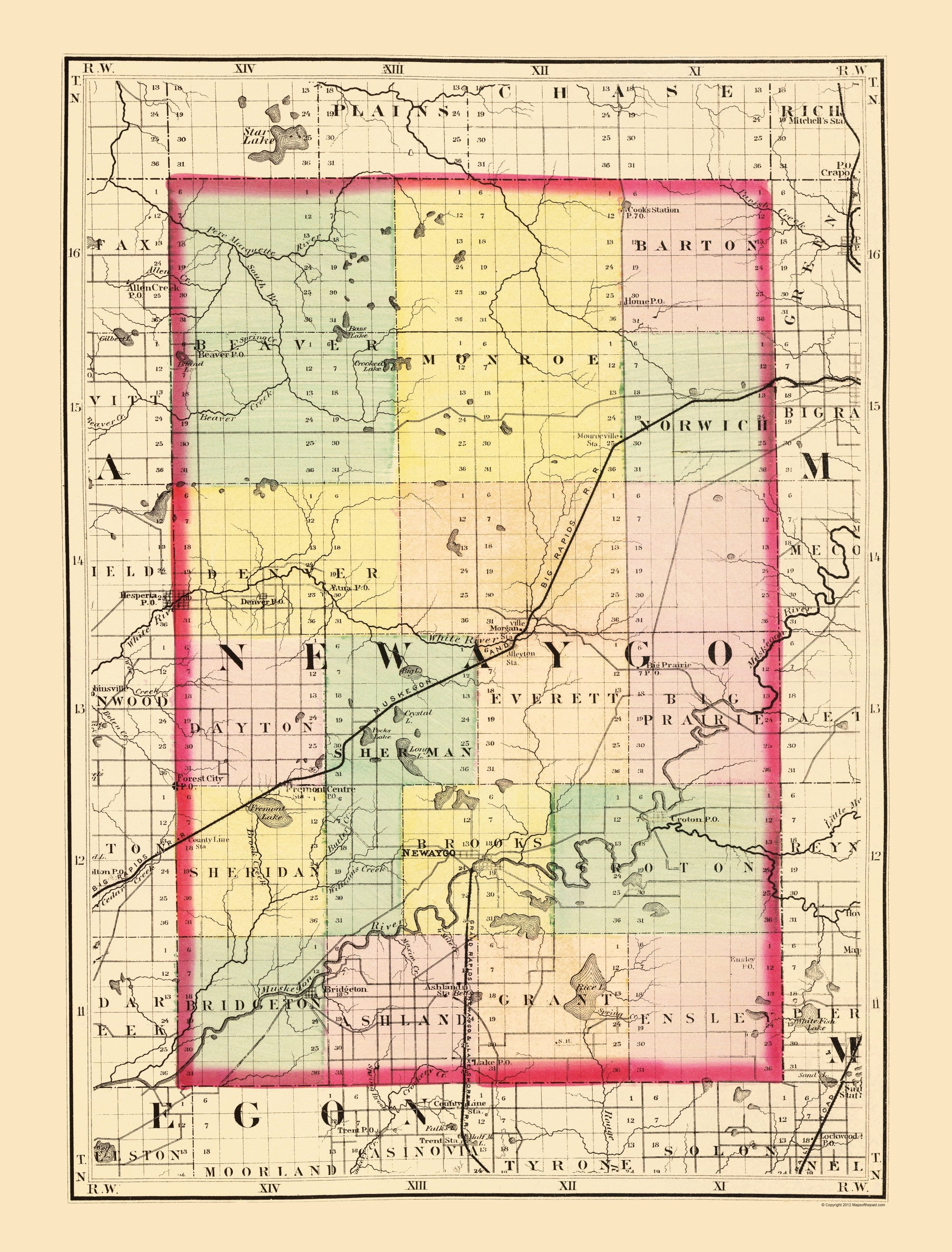 Historic County Map - Newaygo County Michigan - Walling 1873 - 23 x 30.23 - Vintage Wall Art ...