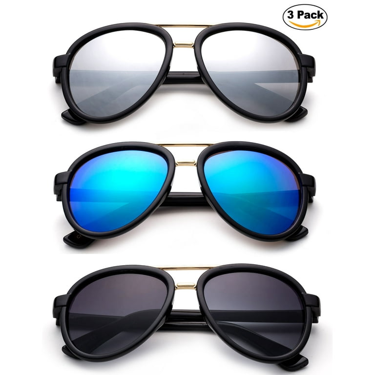 Newbee Fashion 3 Pack Kids Girls Boys Plastic Aviator Sunglasses with Metal Bridge Stylish Fashion Kids Sunglasses with Flash Mirrorrd Lens UV