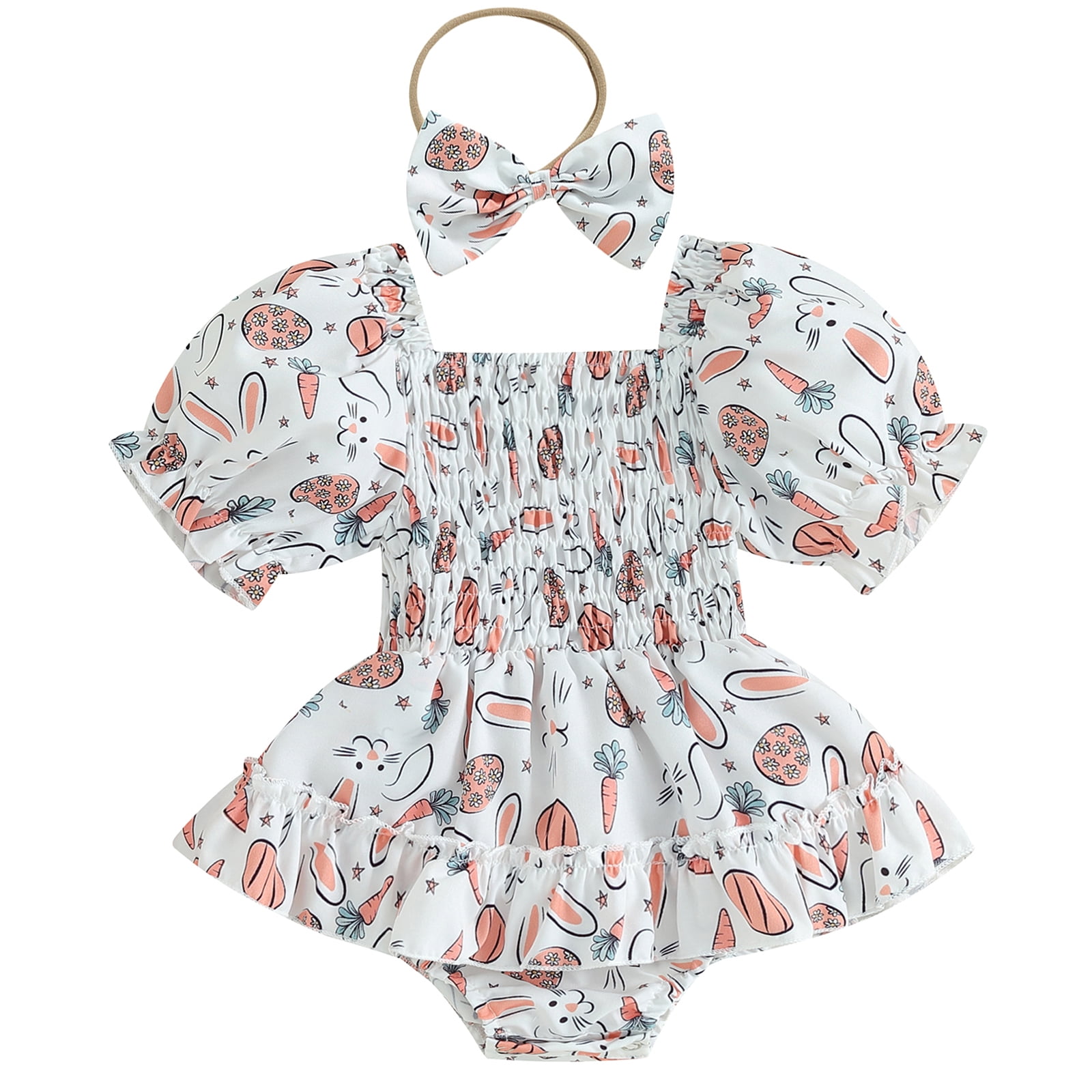 Newbonr Baby Girls Easter Outfits Set Off-shoulder Rabbit A-line Romper Dress Headband One-piece ...