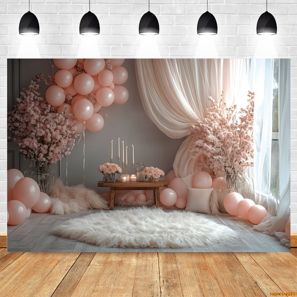 Newborn Baby 1st Birthday Backdrop Pink Flower Arch Balloon Floral Girl ...