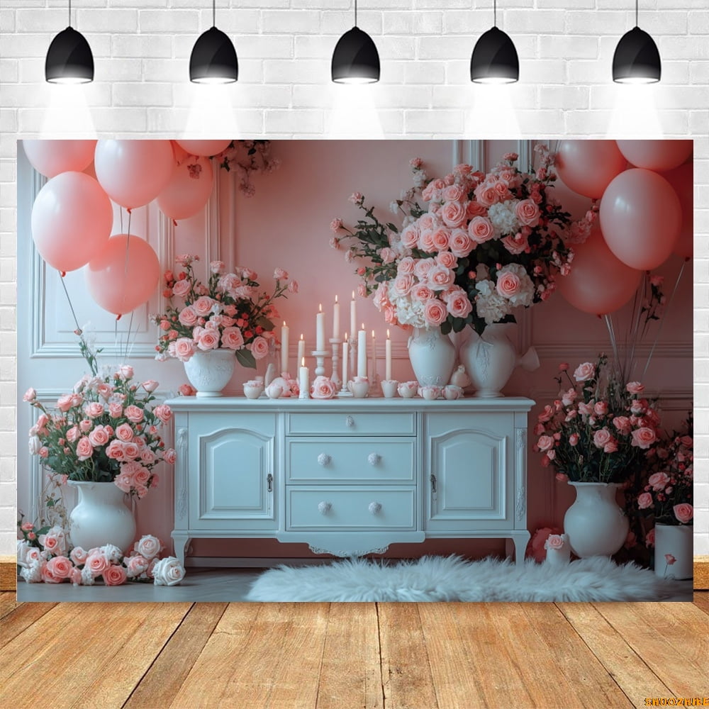 Newborn Baby 1st Birthday Backdrop Pink Flower Arch Balloon Floral Girl ...